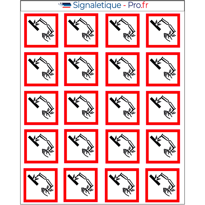 "Pictogramme GHS05 Corrosif - 20 Autocollants de Sécurité"
