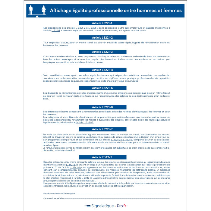 "Égalité H/F : Affichage Obligatoire - Panneau Durable"