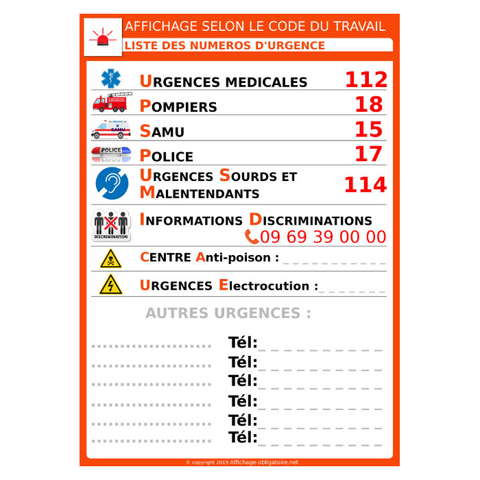Affichage obligatoire numéros d'urgence