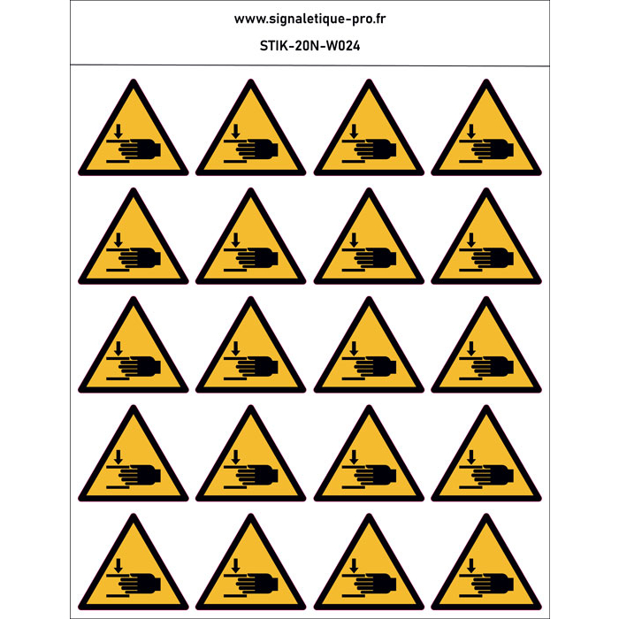 Autocollants Écrasement des mains - W024 norme iso 7010 – par Lot de 20